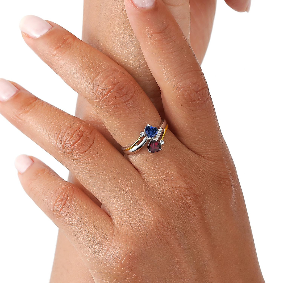 Gem Stone King 1.07 Ct Blue Created Sapphire Red Rhodolite Garnet 925 Silver and 10K Yellow Gold Lab Grown Diamond 2 Heart Promise Couple Engagement Mother Ring (Size 5)