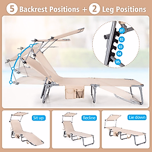 Goplus Tanning Chair, Foldable Beach Lounge Chair with 360°Canopy Sun Shade, Side Pocket, 5-Position Adjustable Outdoor Chaise Lounge Chair for Patio Pool Yard Lawn (1, Beige)