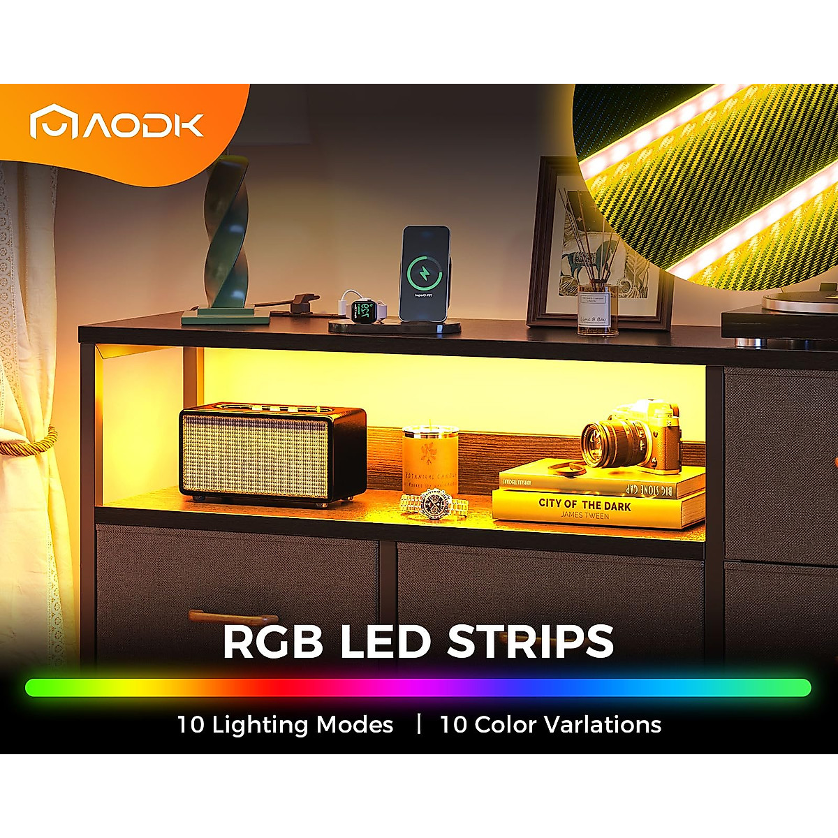 AODK Dresser with LED Lights and Charging Station, 52-Inch Long Dresser for Bedoom with 7 Large Storage Drawers, Fabric Dresser TV Stand with Open Shelves, Dark Grey