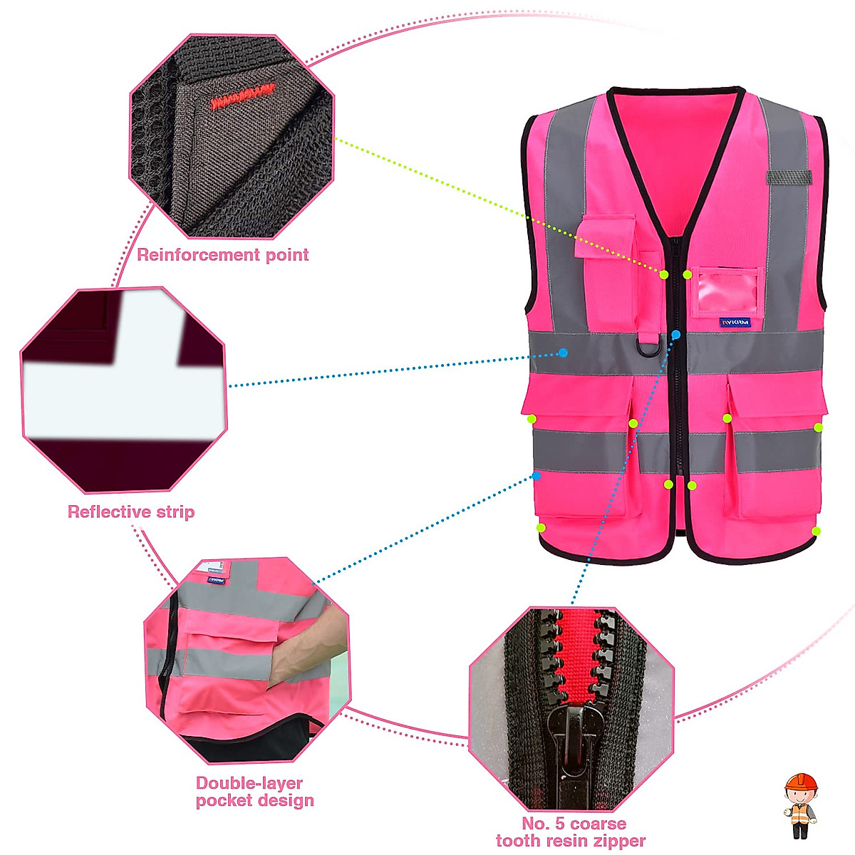 A-SAFETY Pink High Visibility Vest,Reflective Safety Vest Workwear 7 Pockets Hi Vis Durable Vest with Reflective Tapes 4 Lower Pockets,Small