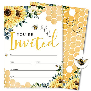 AnyDesign Sunflower Bee Party Invitations with Envelopes Stickers Watercolor Summer Flower Invitation Cards for Wedding Bridal Baby Shower Birthday Dinner Party Supplies, 20 Sets, 5 x 7 Inch