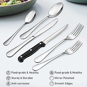 50PCS Silverware Set with Organizer, Silverware Drawer Organizers Durable Stainless Steel Flatware Set for 8 Cutlery Forks Spoons Steak Knives Kitchen Utensils Tray, Mirror Polished Dishwasher Safe