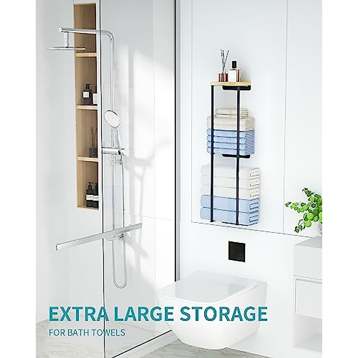 Towel Racks for Bathroom, 2 Tier Wall Towel Holder with Wood Shelf, Metal Wall Towel Rack Mounted Towel Storage for Small Bathroom （Black