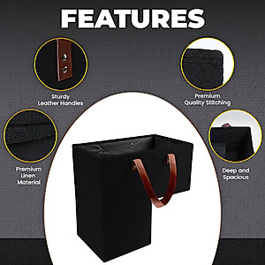 Home Tag Stair Baskets for Carpeted and Wooden Stairs - 16” L x 10” W x 16.5” H Foldable Staircase Basket with Leather Handles, Stair Step Storage Organizer for Home Office Decor (Black)