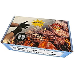 LavaLock Heavy Duty Thick 5.5 Mil Black Disposable Nitrile BBQ Gloves with 2 cotton liners for outdoor cooking grilling smokers and barbecue competition, chef or kitchen use (40, Extra-Large)