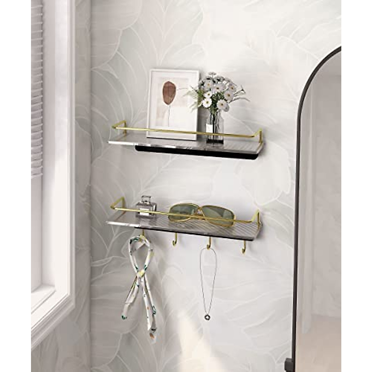 Mazjoaru Floating Shelves Acrylic Bathroom Shelves Set of 2, 16inch Wall Shelves with Gold Metal Towel Hook, Storage Shelves for Bathroom Living Room Bedroom