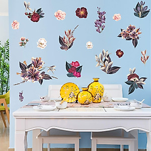 RAINBOW WSK Flowers Peonies Wall Decal Peel and Stick Elegant Pink Red Rose Wall Sticker for Girls Room Tropical Flower Plants Wall Decor Vintage Modern Home Wall Art for Living Room Kitchen Office