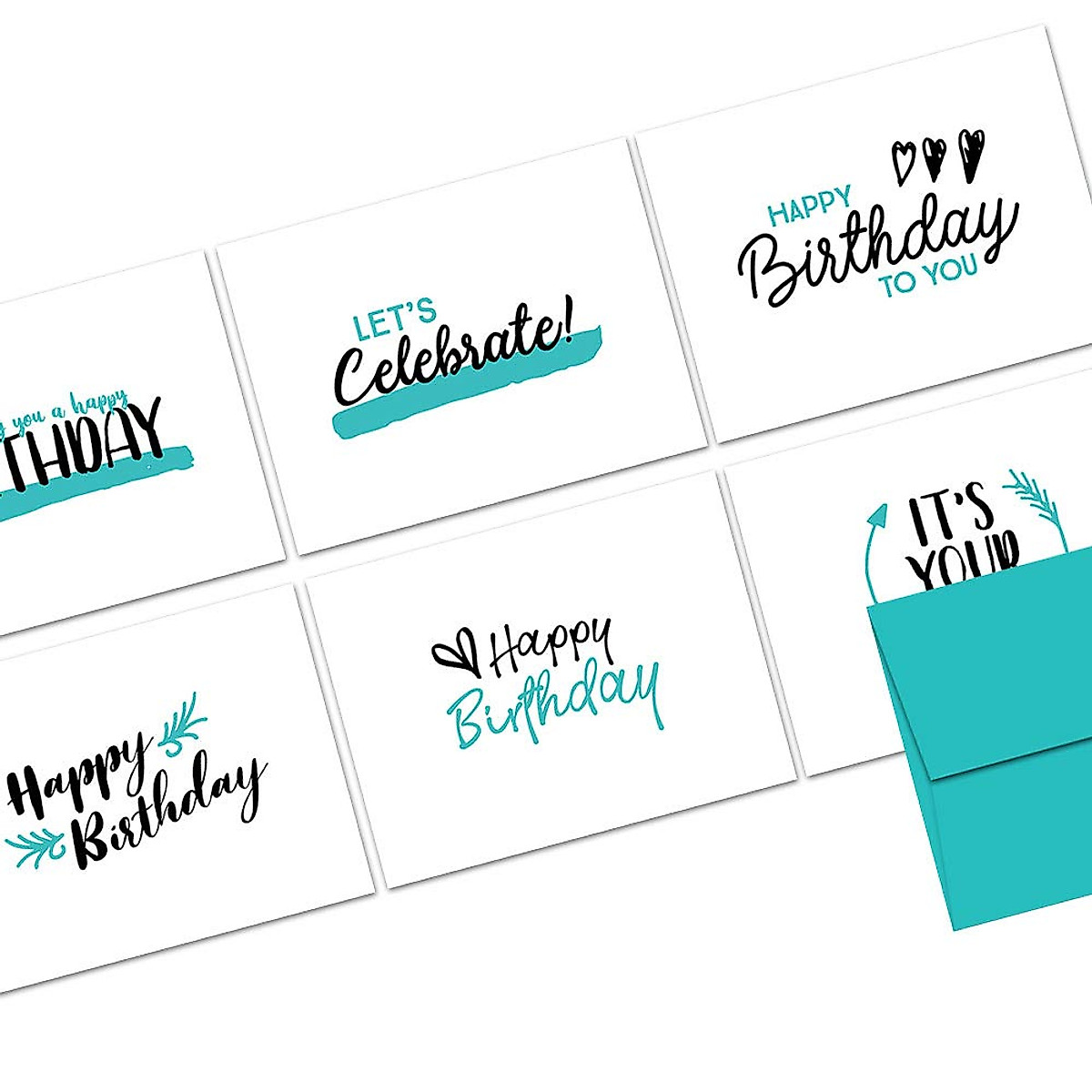 Happy Birthday Cards Bulk Assortment – 72 Pack – Teal Script Birthday – 6 Unique Designs – AQUA BLUE ENVELOPES INCLUDED – Birthday Greeting Cards – Glossy Cover Blank Inside – By Note Card Café