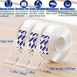 ZMUAXUAN Clear Double Sided Adhesive Mounting Tape Heavy Duty Removable,Strong Picture Hanging Strips Wall Hangers,Sticky Tack Gel Putty Glue for Poster,Photo,Mirror,Carpet(9.85 Ft-3 Pack)
