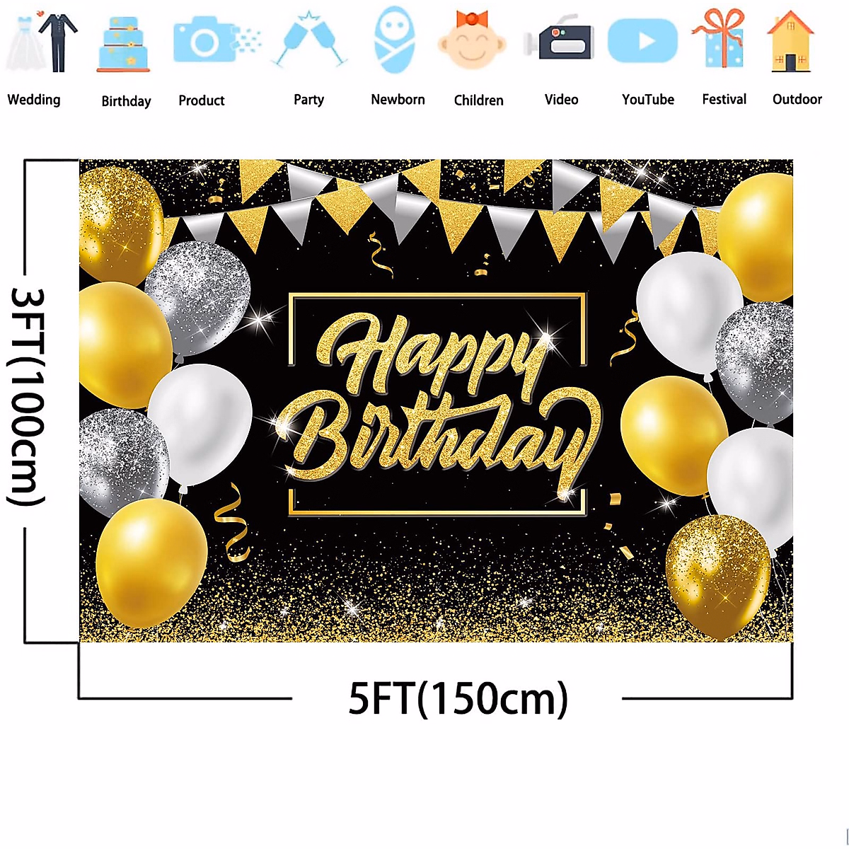 5x3ft Happy Birthday Backdrop Yellow Silver Balloon Banner Decorations for Large Family Gathering Yard Sign Backgroud for Men Women Boys Girls Party Indoor Outdoor Poster Decor Supplies