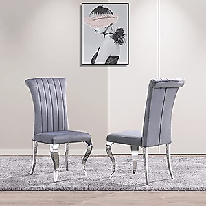 AZhome Dining Chairs Set of 6, Dining Room Chairs in Grey Velvet and Silver Cabriole Stainless Steel Legs