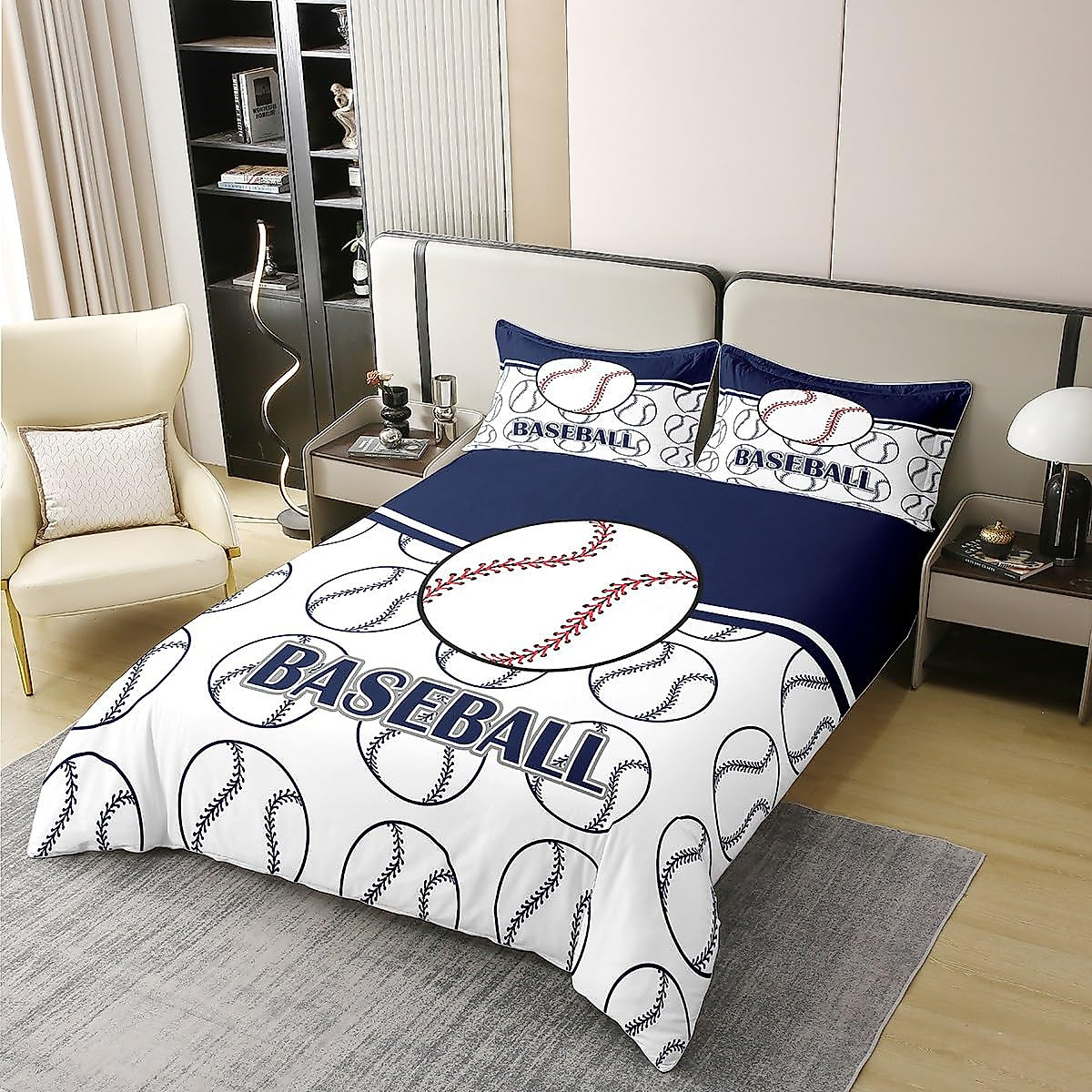 Baseball 100% Nature Cotton Duvet Cover,Hand Drawn Baseball Pattern Print Ball Game Bedding Set for Room Decor,Sport Theme Kids Adults Baseball All Season Bedding with Zipper Closure Full Size
