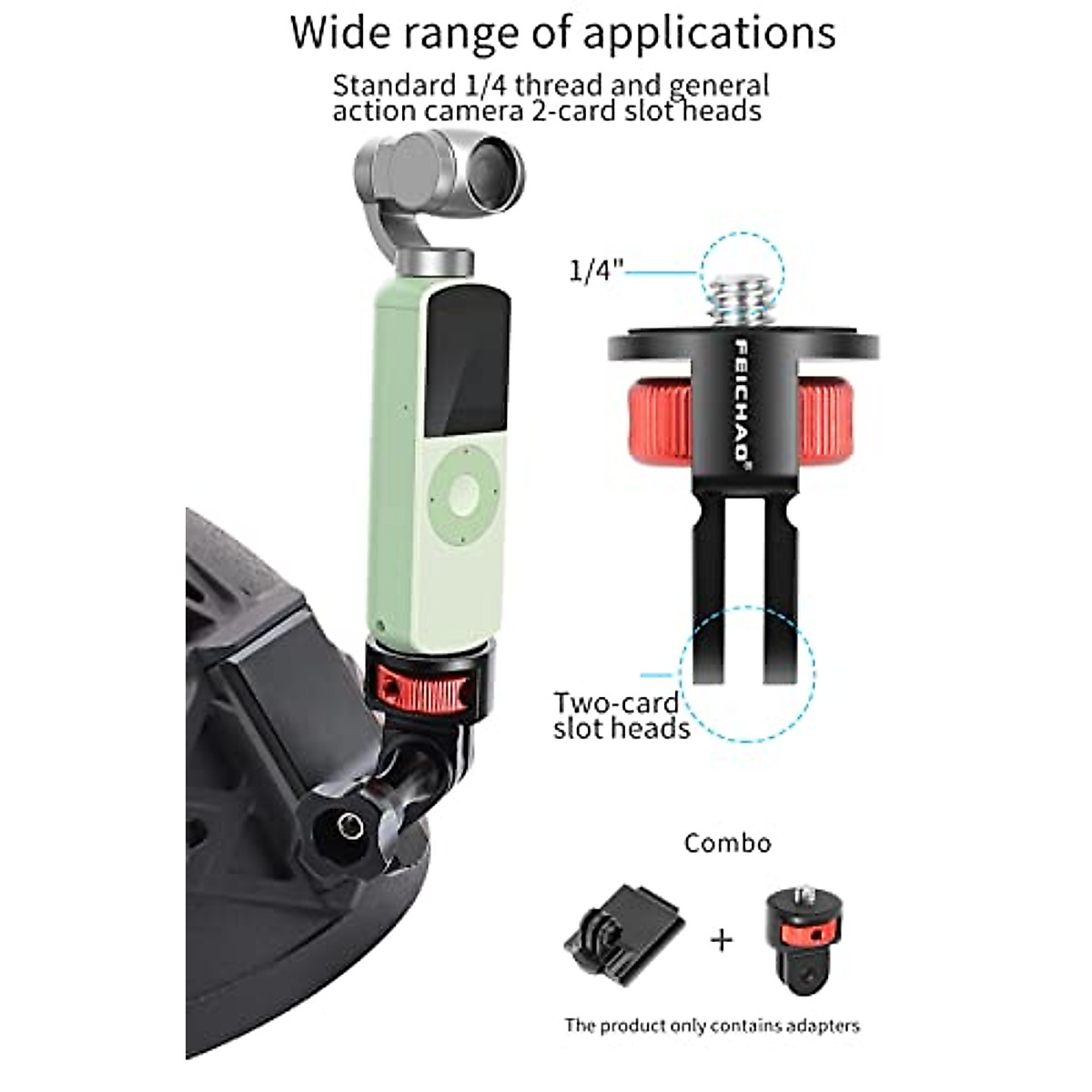 FEICHAO Upgraded Universal Camera Mount Adapter 360 Degree Swivel 1/4" Screw Converter CNC Aluminum Metal Compatible with Gopro Hero 10 9 8 7, Eken, Insta360 One X X2 R Action Camera (Black)