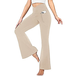 YOLIX Yoga Pants with Pockets for Women, Crossover High Waisted Flare Leggings Khaki