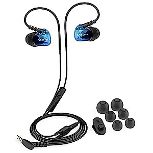 Granvela GV1 HD Classic Sports Earphones IPX5 Waterproof Running Earbuds Wired with Mic, Memory Wire Earhook and Clip - Blue