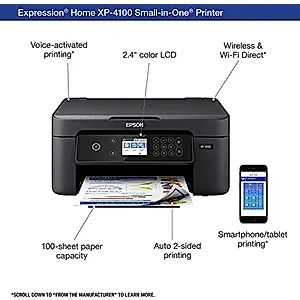 Epson Expression Home XP-4100 All-in-One Wireless Color Inkjet Printer, Black - Print Copy Scan - 10.0 ipm, 5760 x 1440 dpi, 2.4" Color LCD, Auto 2-Sided Printing, Voice-Activated, USB, Wi-Fi Direct