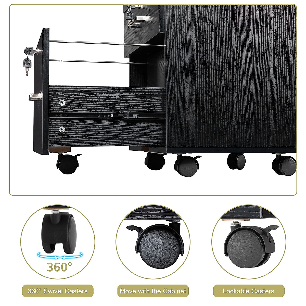 Bonnlo 26" H 3 Drawer File Cabinet with Lock, Rolling File Cabinet Under Desk, Mobile File Cabinets for Home Office, Wood Black File Cabinet Printer Stand for Letter Size Hanging/Manila File Folders