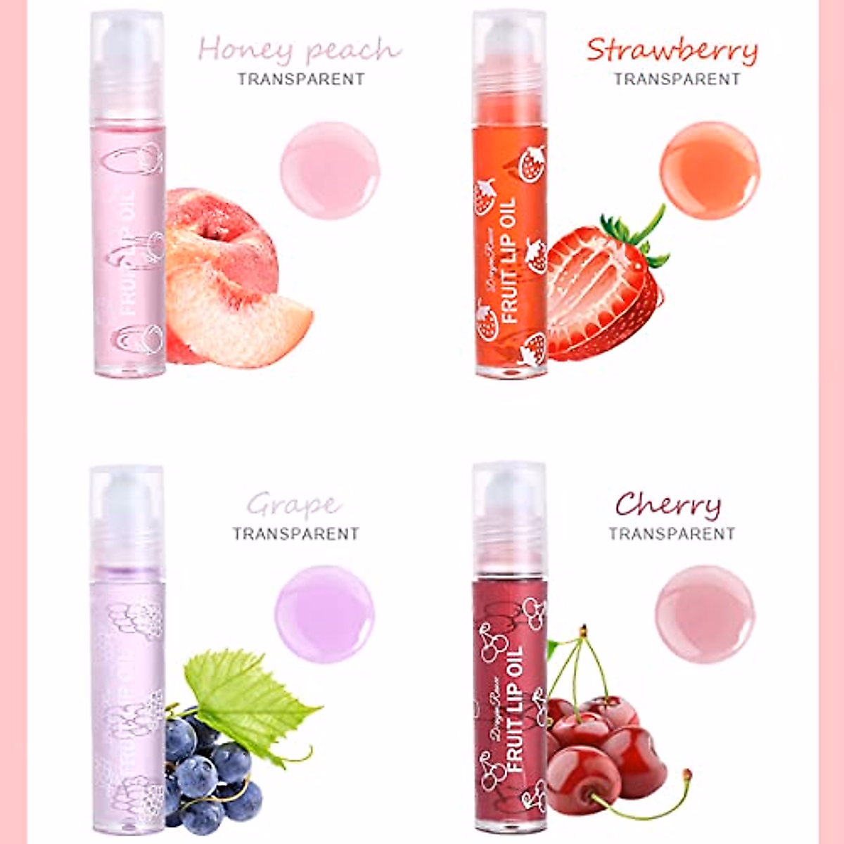 Alisesun 4 Pcs Fruit Roll-on Lip Gloss Set, Clear Lip Gloss Crystal Jelly Liquid Lipstick, Plumping Lip Oil Moisturizing Hydrating Non-Sticky, Nice Gift for Women Girl