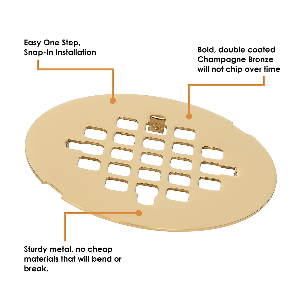 LXLOTUS 4 ¼” Polished Gold Snap-in Shower Drain Cover - Polished Brass Replacement - 4.25" OD Shower Drain Strainer - Easy Install - Premium Round Shower Drain Cover - Solid Brass Construction