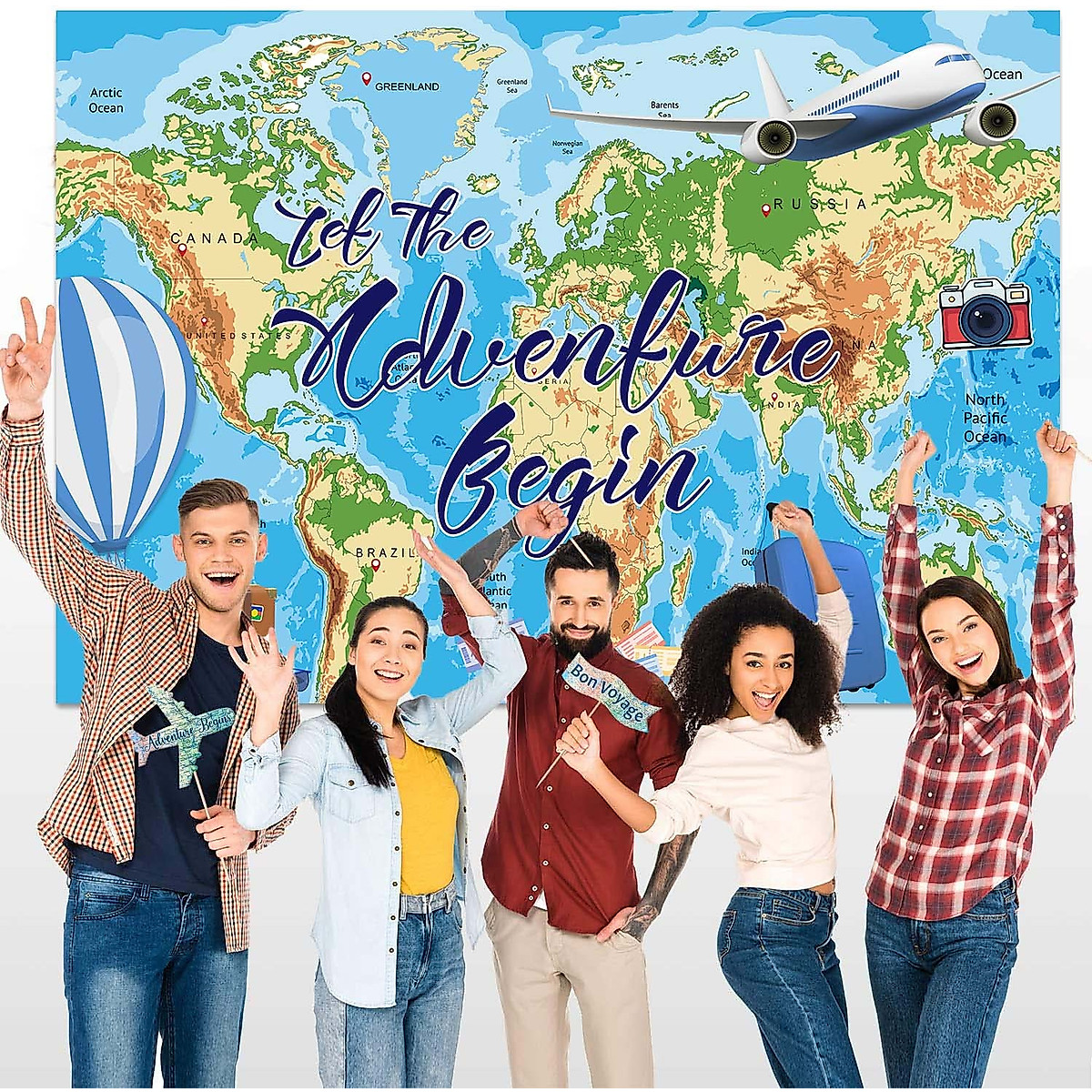 Adventure Awaits Backdrop Travel Themed World Map Photography Background Let The Adventure Begin World Travel Graduation Birthday Baby Shower Party Decorations Banner (6x4ft(70x40inch))