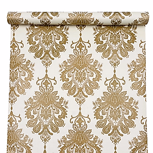 Yifely Luxury Gold Damask Shelving Paper Removable Shelf Liner Adhesive Cabinet Sticker 17.7 Inch by 9.8 Feet