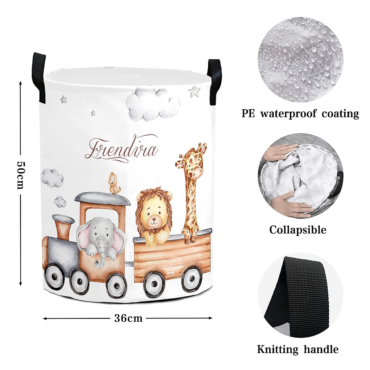 Personalized Laundry Basket, Train Elephant Lion Giraffe Custom Storage Bins Laundry Hamper with Name Collapsible Toys Organizer Gift