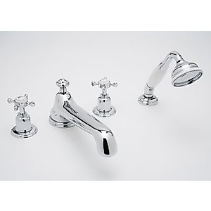 Rohl U.3738X-PN Polished Nickel Edwardian 4 Hole Low Level Spout Deck Bathtub Filler and Handshower, Cross Handles