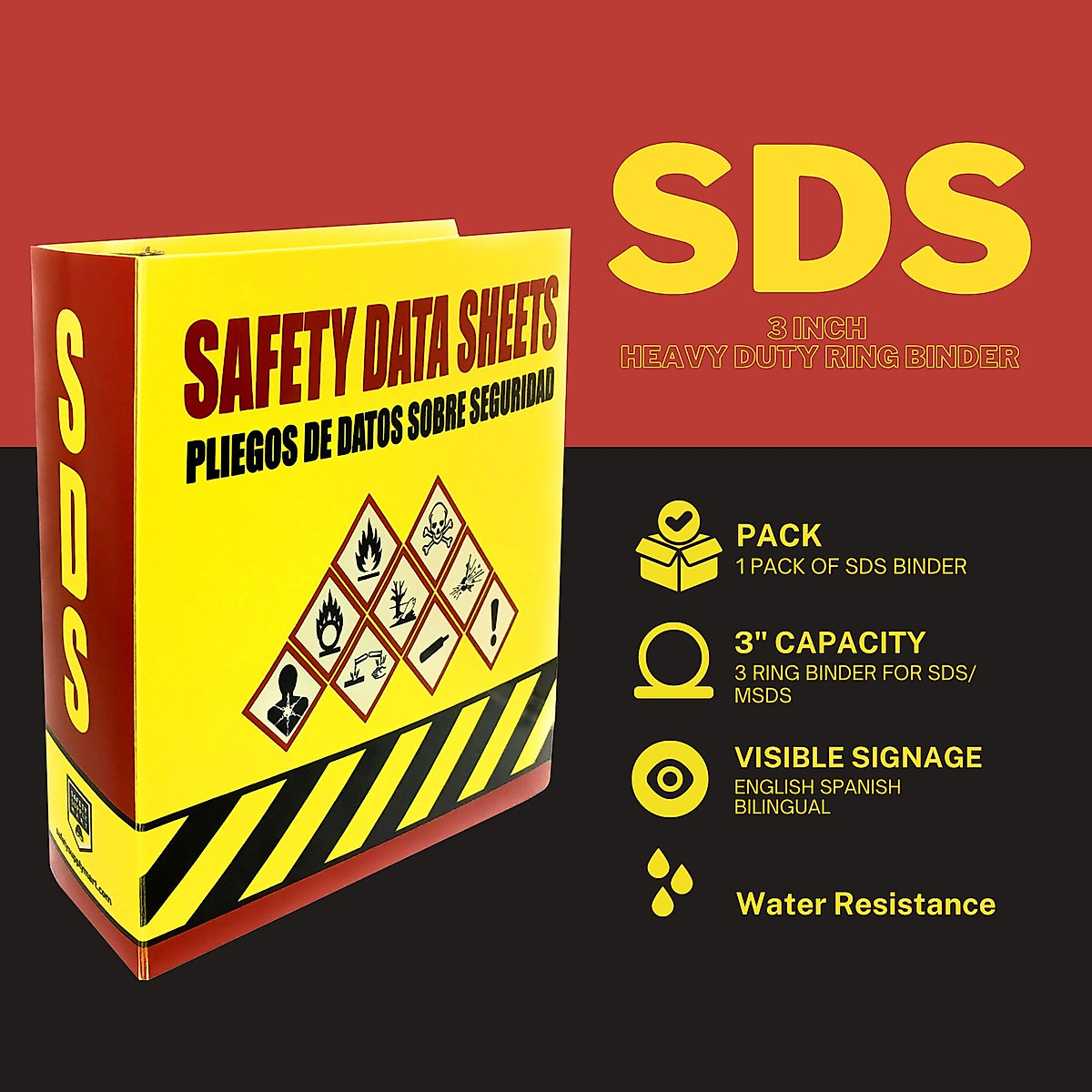 SDS Binder, Heavy Duty 3 Ring Binder 3 Inch, English Spanish Bilingual, 600 Safety Data Sheets Capacity