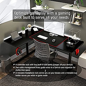 ioHOMES Kindira Modern Steel 65 in. L-Shaped Gaming Desk with USB Ports, PC Mouse Pad and Rotatable Cup-Holder for Home Office, Classroom, Study Room, Black