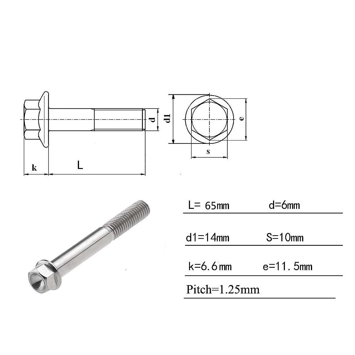 Wanyifa Titanium Hex Small Flange Head Bolt M8 15 20 25 30 35 40 45 50 55 60 65mm x1.25mm Pack of 4 (M8x65mm, Normal Titanium)