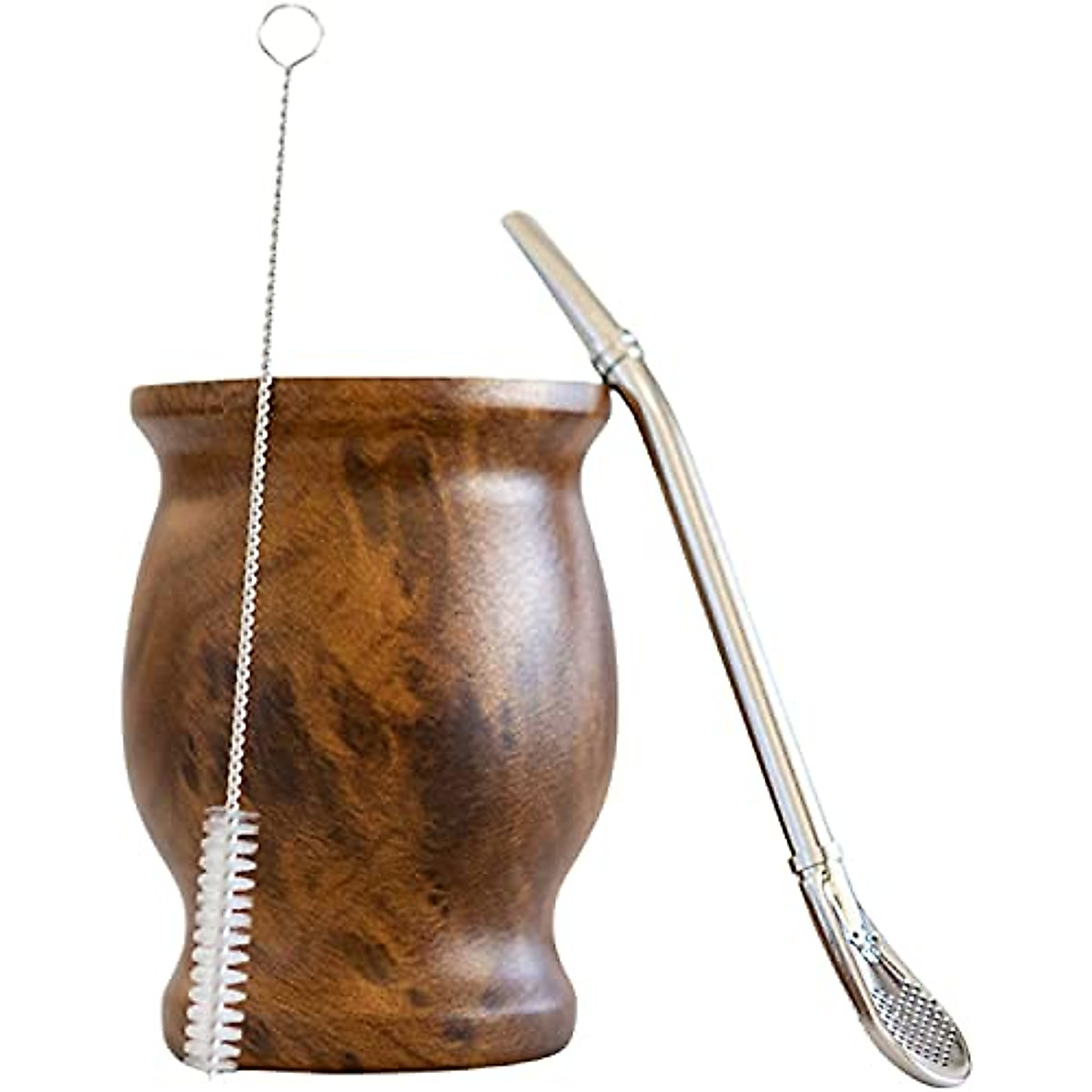 LA FEE Yerba Mate Natural Gourd/Tea Cup Set Brown (Original Traditional Mate Cup - 8 Ounces)，Includes Yerba Mate Straw & Cleaning Brush，Stainless Steel | Double-Walled | Easy to Clean
