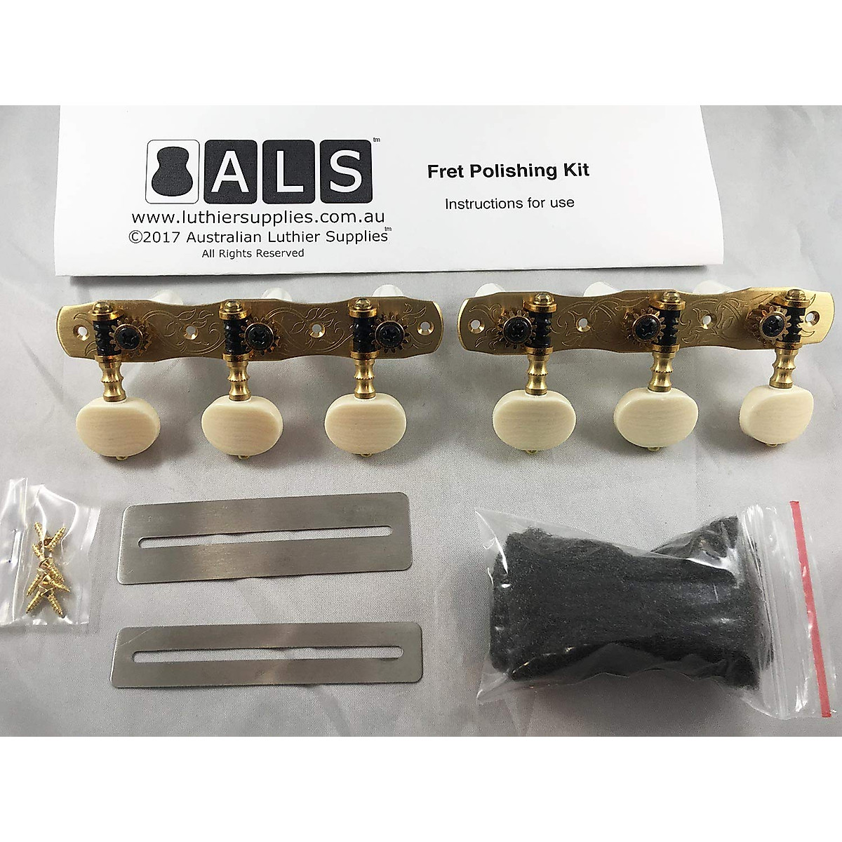 Gotoh Classical Guitar Machine Heads (Bonus ALS Fret Polishing Kit) 35G1800-2M Model Tuners by Gotoh Japan Solid Brass with Ivoroid Buttons - Fret Polishing Kit by Australian Luthier Supplies