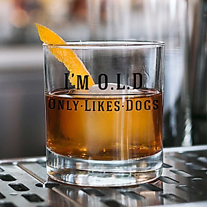 Spotted Dog Company Printed 11oz Whiskey Rocks Glass, I'm O.L.D, Only Likes Dogs, Paw Print, CM01