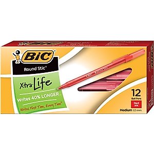 BIC Round Stic Xtra Life Ball Pen, Medium Point (1.0 mm), Red, 24-Count