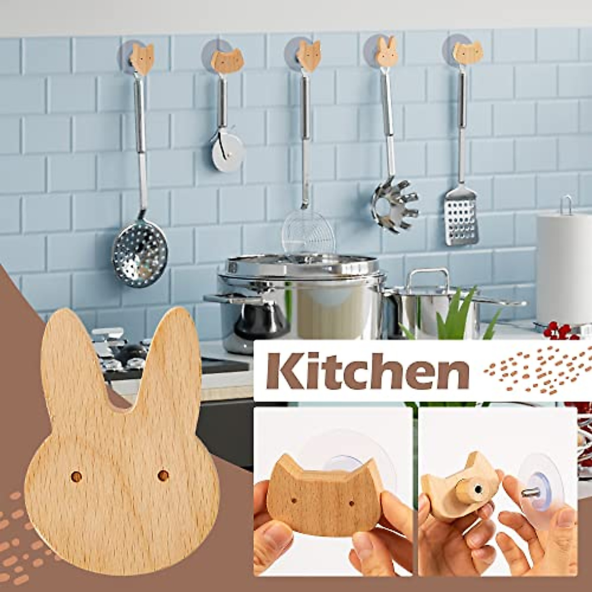 NUANNUAN 4 Pcs Cute Animal Hooks Wood Solid Wall Hanger, Creative Cat/Rabbit/Dog/Fox Shelf Reusable Cartoon Utility Hook for Kids Room Entryway Bedroom Key Coat Towels Hats Jackets Backpack Hanging