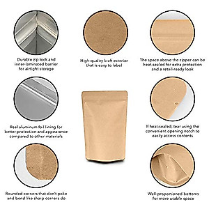 Yuugen Products Kraft Stand-Up Pouch Bags with Aluminum, Zip Lock, and Tear Notch - Reusable, Heat-Sealable | Storage for Food, Non-Food Items, Home and Business - 50 Pcs (4" x 6")