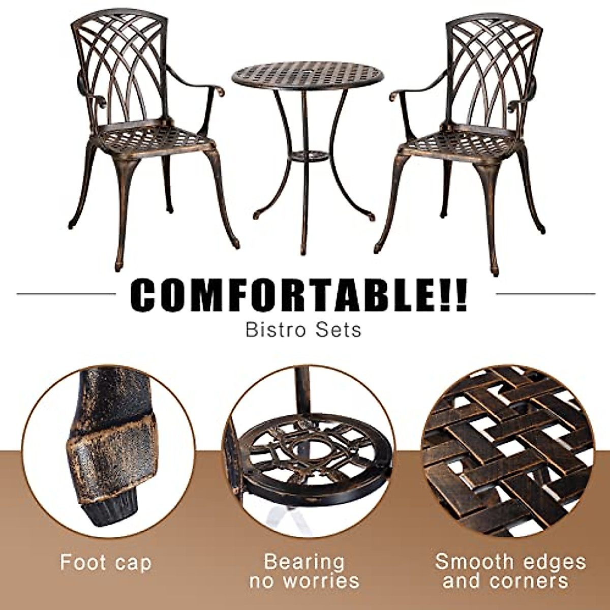ZOTORUN Bistro Set 3 Piece Rustproof Cast Aluminum Patio Furniture Sets Round Table with Umbrella Hole for Outdoor, Patio, Balcony, Bronze