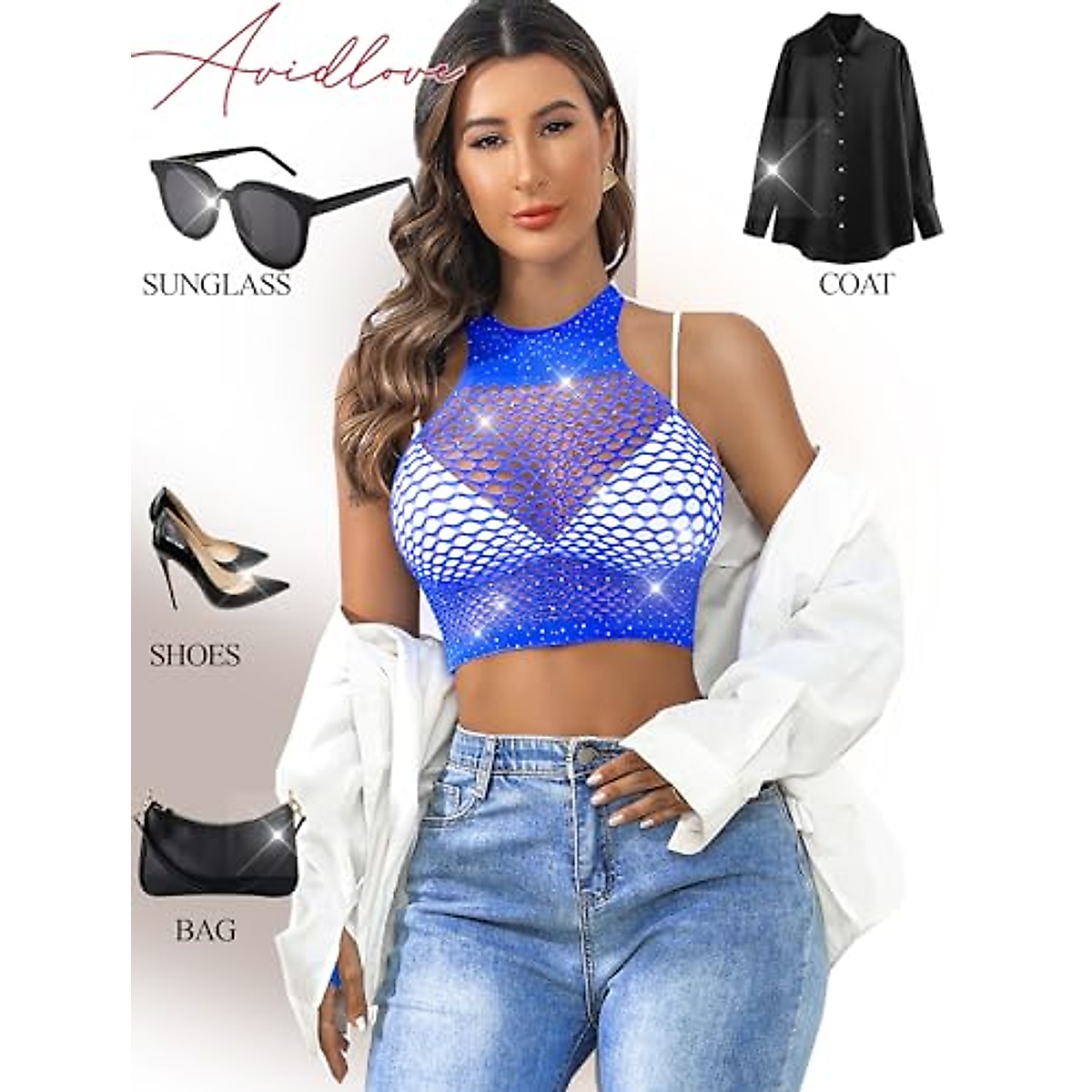 Avidlove Womens Lingerie Fishnet Dress Mesh Badydoll Fishnet Bodysuit See Through Chemise, Blue