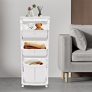 LyeXD 4 Tier Rolling Laundry Cart, Plastic Laundry Basket with Wheels, Clothes Storage Basket Cart On Wheels with 1 Removable Large Baskets, Laundry Hampers Dirty Clothes Hamper for Bathroom (White)