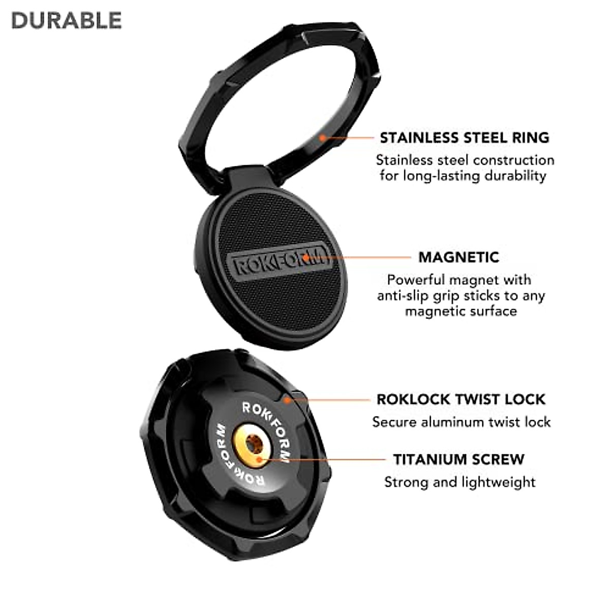 Rokform - Magnetic Sport Ring Grip and Stand, Thin Metal Cell Phone Ring Holder, Specially Designed for Rokform iPhone & Samsung Twist Lock Cases (Black)