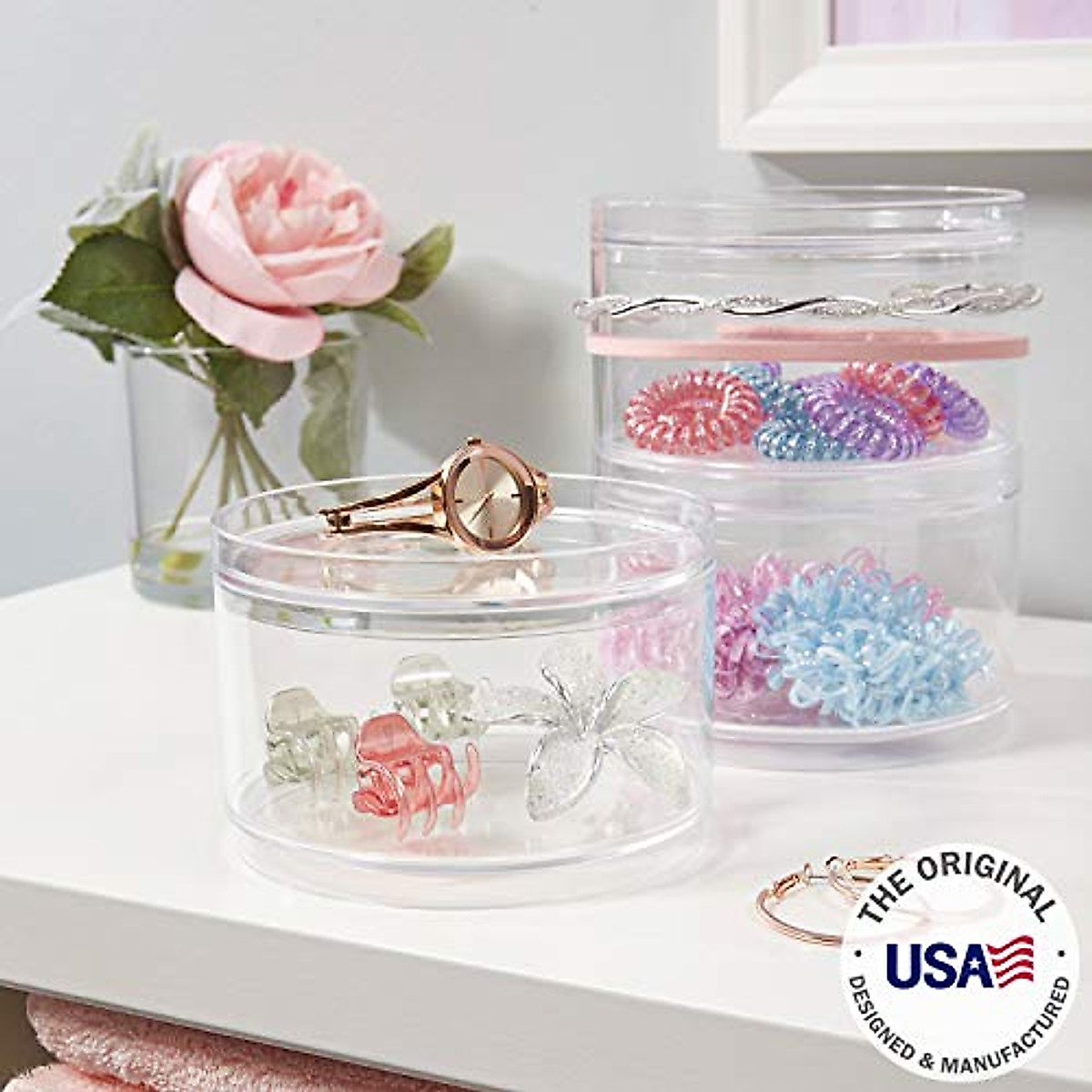 STORi Bella 3-piece Stackable Clear Plastic Container Set | Round Vanity Storage Organizers with Lids for Hair Accessories & Beauty Supplies | Made in USA