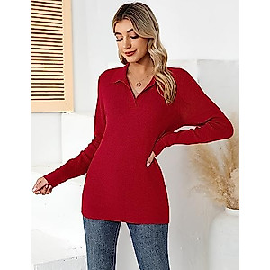 Romanstii Collared Sweaters for Women Knitted Long Sleeve V Neck Fitted Polo Shirts Trendy Winter Pullover Tops,Red,M