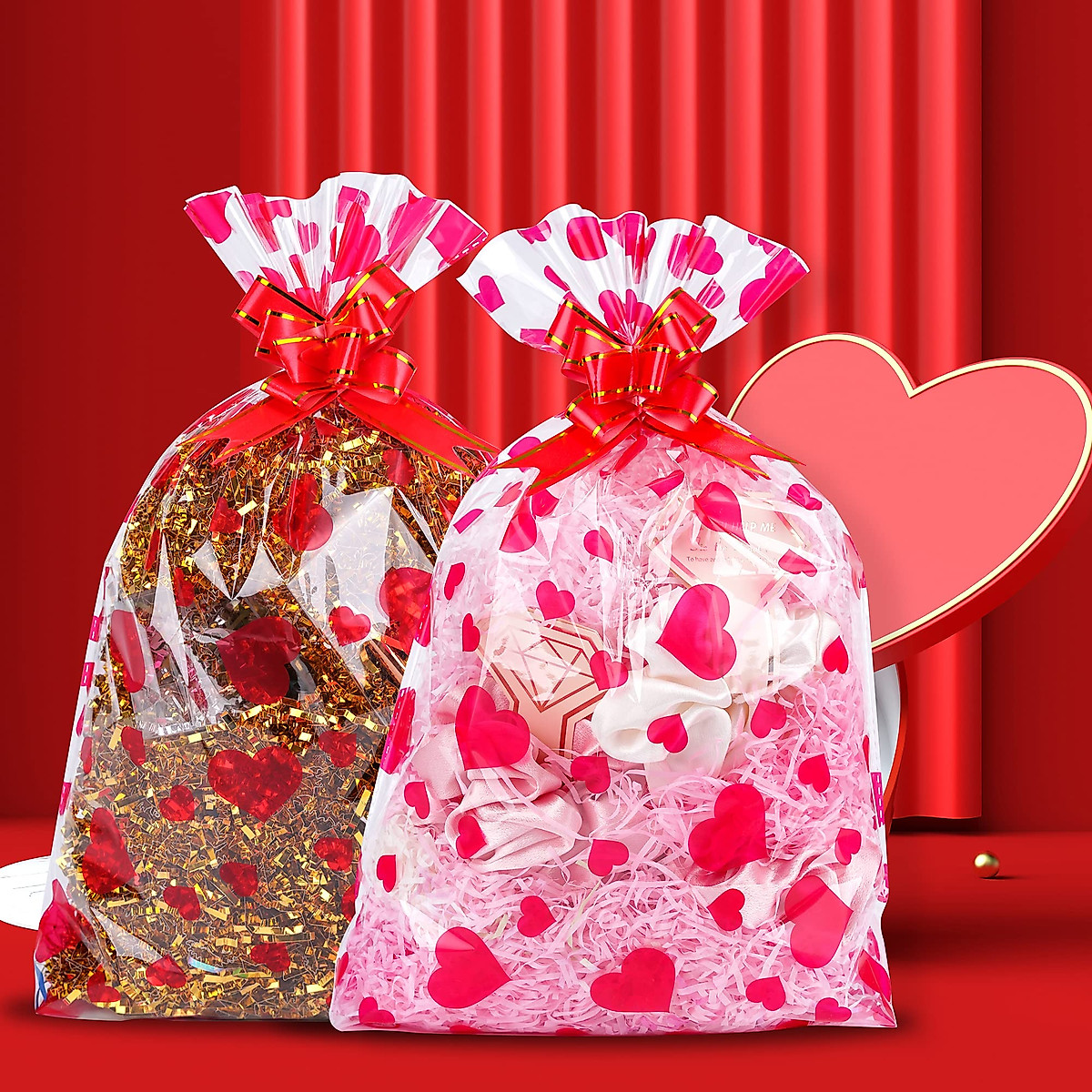 Kolewo4ever 40pcs Heart Cellophane Basket Bags Set 20pcs Heart Cellophane Wrap Clear Basket Bags With 20pcs Red Pull Bows for Valentine, Weddings, Bridal or Baby Showers (12x18inches)