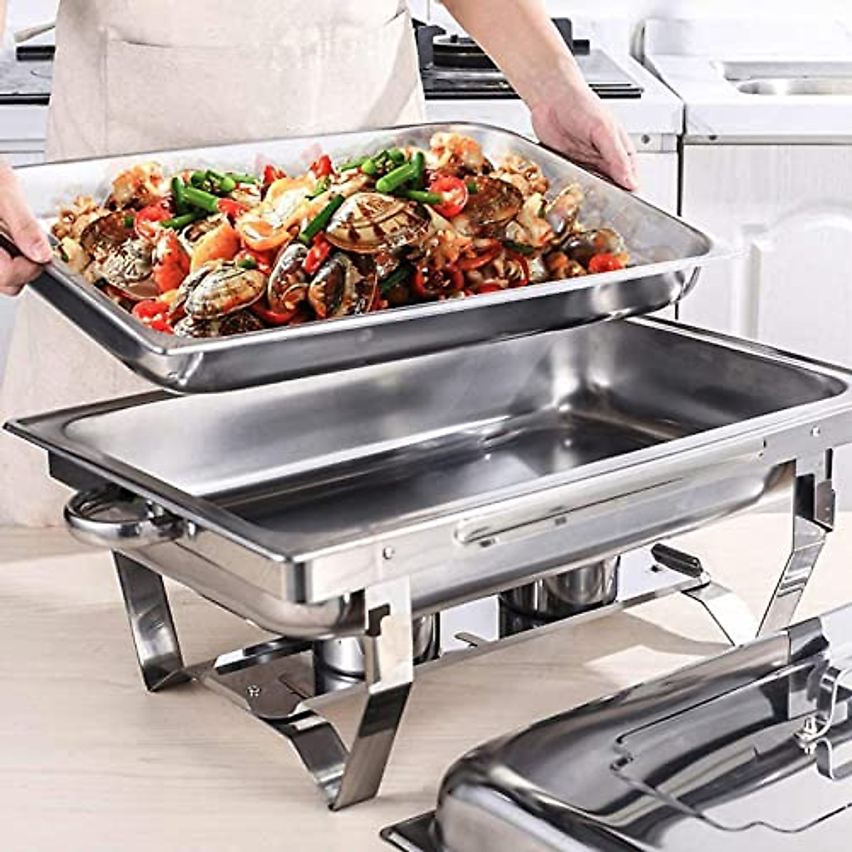 UZOURI Stainless Steel Chafing Dish Sets, 11L Rectangle Chafing Dish Set Food Warmer Buffet with Food Pans Fuel Holders, for Buffet Catering Kitchen Party
