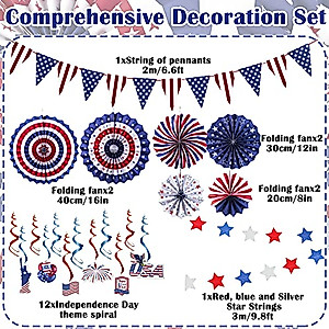 Red White Blue Patriotic Labor Day 4th of July Veteran Day Party Decorations with Decorative Tissue Paper Fans Streamers Swirls Star Garlands Banner for Independence Day Birthday Baby Classroom Decor