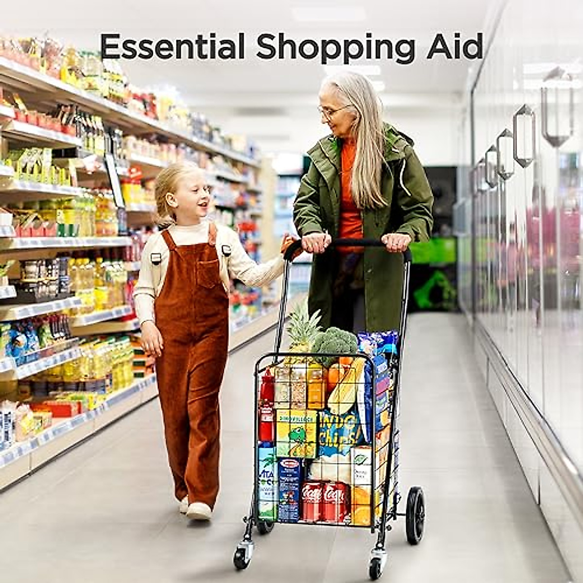 Pipishell Shopping Cart with Dual Swivel Wheels for Groceries, Compact Folding Portable Cart Saves Space, with Adjustable Handle Height, Lightweight Easy to Move Holds up to 70L/Max 66Ibs, PITUC1