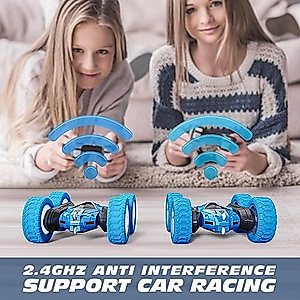 Tecnock Remote Control Car, RC Cars Double Sided 360° Rotating Toy Car, Gesture Sensing RC Stunt Car with Headlights and Wheel Lights, Ideal Gifts for Boys Girls