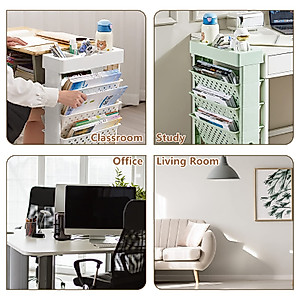 CINPIUK Rolling Office Paper Organizer, Mobile Book Cart Document Folder File Storage with Pen Holder, Slim Rolling Storage Cart Movable Bookshelf for Office, Dorm, Classroom, Nursery, Green