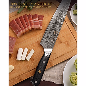 KESSAKU Chef Knife - 8 inch - Damascus Dynasty Series - Razor Sharp Kitchen Knife - Forged 67-Layer Japanese AUS-10V High Carbon Stainless Steel - G10 Garolite Handle with Blade Guard