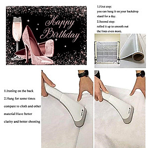 Rose Gold Glitter Happy Birthday Backdrop High Heels Champagne Glass Photography Background for Adult Women Birthday Party Decorations Banner Photo Booth 7x5ft